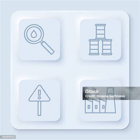 세트 라인 오일 드롭 배럴 오일 삼각형 및 석유 산업 공장 건물의 느낌표 흰색 정사각형 버튼 벡터 가솔린에 대한 스톡 벡터 아트 및 기타 이미지 Istock