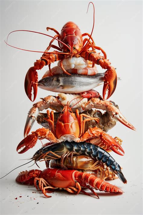 Premium Photo A Visually Striking Stack Of Various Seafood Including