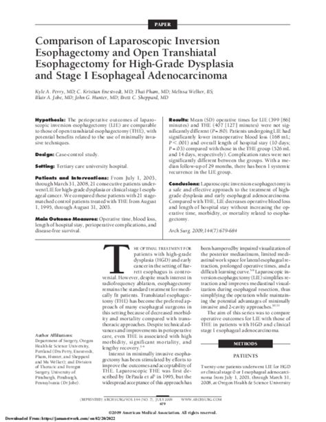 Pdf Comparison Of Laparoscopic Inversion Esophagectomy And Open