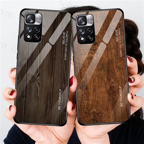 Buy Wood Grain Tempered Glass Phone Case For Xiaomi Redmi Note 11 Pro