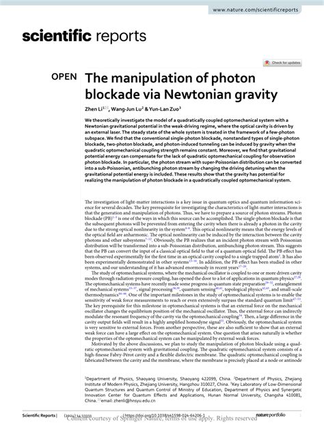 Pdf The Manipulation Of Photon Blockade Via Newtonian Gravity
