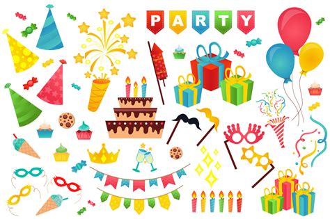 Cumpleaños Fiesta Linda Conjunto En Plano Dibujos Animados Diseño Haz