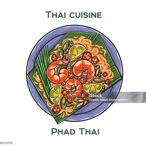 Traditional Thai Food Phad Thai On White Background Isolated Vector