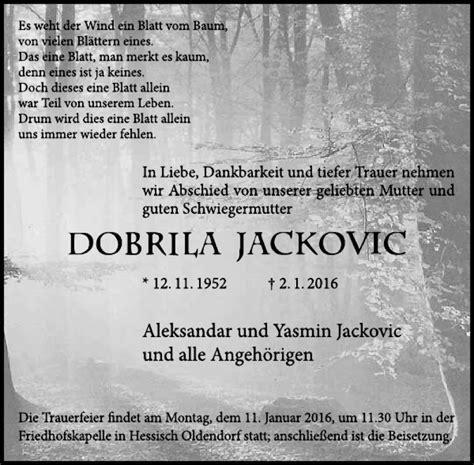 Traueranzeigen Von Dobrila Jackovic Trauerportal Ihrer Tageszeitung
