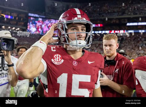 Alabama Quarterback Ty Simpson 15 Walks The Field After A Win Over