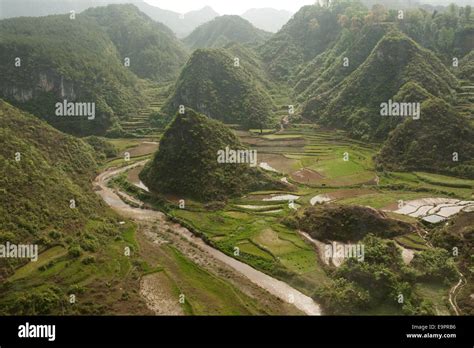 Landscape With Green Hills And Rice Fields Guizhou Province China