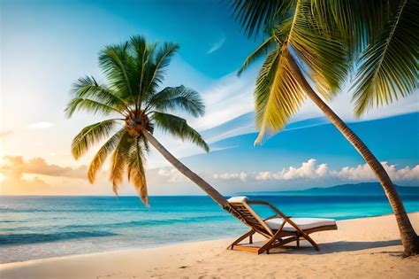 Premium Photo A Beach Scene With A Palm Tree And A Chair On The Beach
