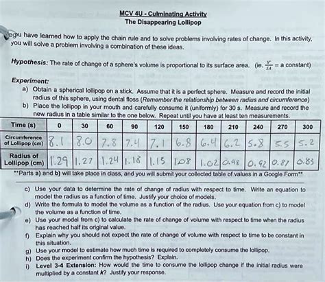 SOLVED MCV U Culminating Activity The Disappearing Lollipop You Will Solve A Problem Involving