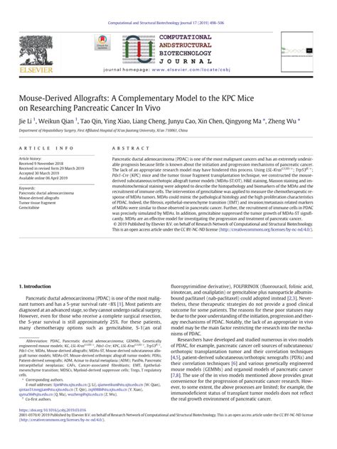 Pdf Mouse Derived Allografts A Complementary Model To The Kpc Mice