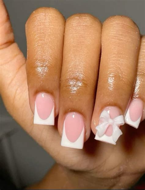 Biab French Tip With Bow Nail Charm In 2024 Short French Tip Nails