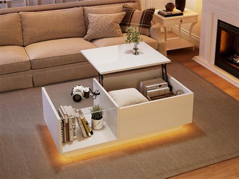 Table Basse Haute Brillance Hauteur Réglable Avec Rangement