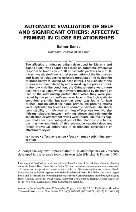 Pdf Automatic Evaluation Of Self And Significant Others Affective Priming In Close Relationships
