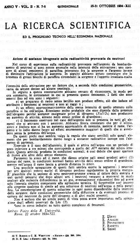 Fermi Amaldi Pontecorvo Rasetti Segré Azione Di Sostanze Idrogenate Sulla Radioattivita