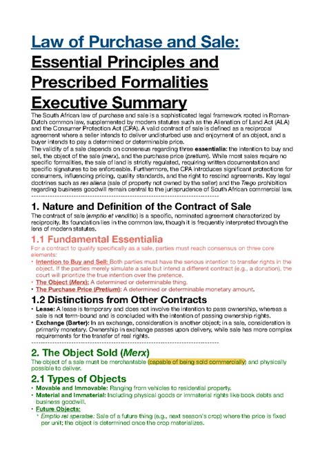 Law Of Purchase And Sale Law101 Key Principles And Formalities Summary