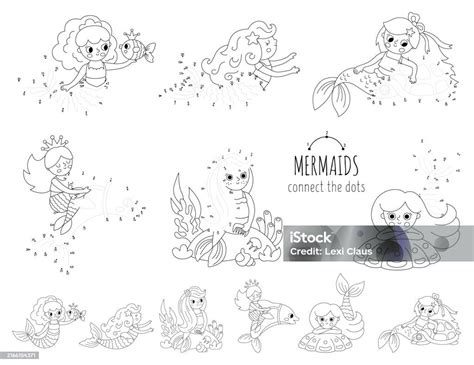 벡터 Dottodot 및 색상 활동 와 귀여운 인어들 와 함께 바다 왕국은 바다 공주와 점 게임 컬렉션을 연결합니다 아이들을