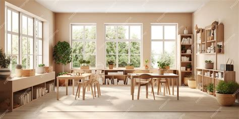 Premium Photo Stylish Beige Classroom Interior With Desk In Row And
