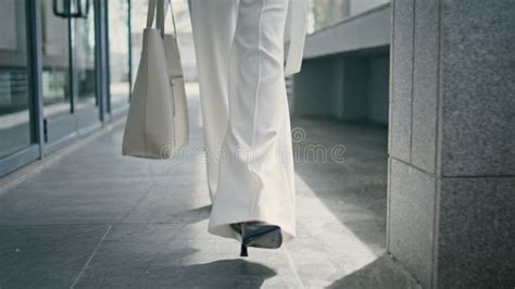 Stylish Woman Legs Walking Office In High Heels Closeup Girl Feet