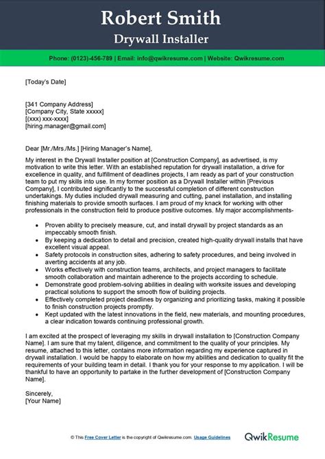 Drywall Installer Cover Letter Examples Qwikresume