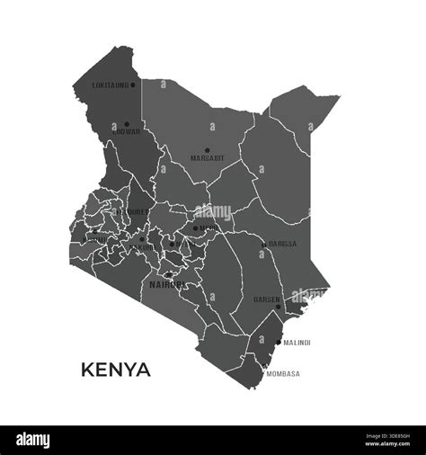 Map Of Kenya With Regions Borders And Famous Cities Stock Vector Image