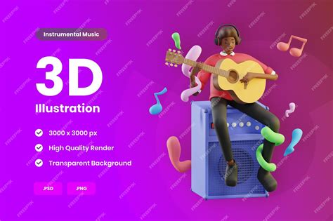 Premium Psd 3d Illustration Afro Man Plating Guitar Accoustic