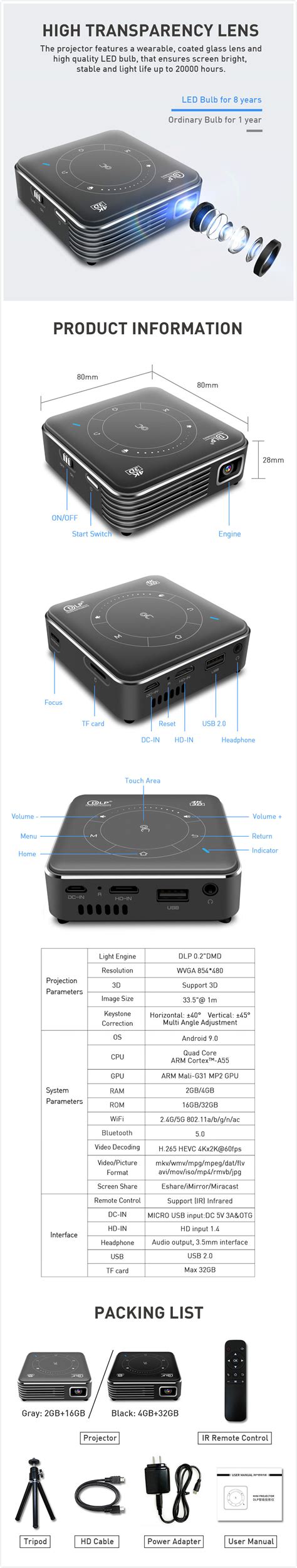 P11 Dlp Mini Projector Android 90 4gb32gb 1000 Lumens Smart Pocket 3d