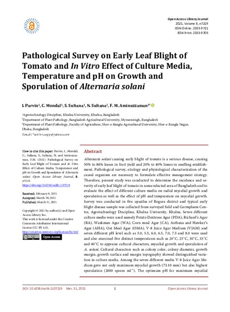 Pdf Pathological Survey On Early Leaf Blight Of Tomato And In Vitro
