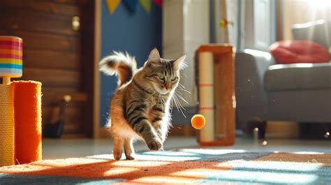 Active Domestic Cat Playing With A Toy Ball In A Vibrant Home