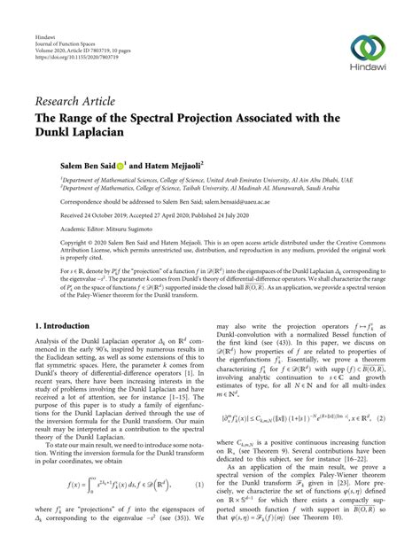 Pdf The Range Of The Spectral Projection Associated With The Dunkl Laplacian