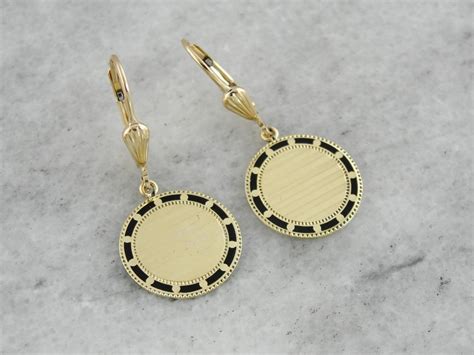 Retrofitted Antique Black Enamel Cufflink Earrings Circular In Shape
