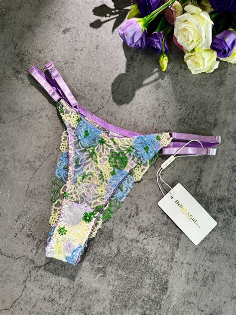 Purple Florals Embroidery Thong Hello La Girl