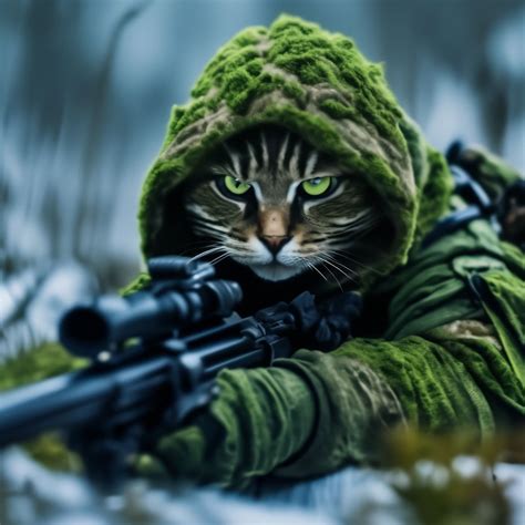 A Hooded Sniper Cat In Full Combat Readiness Lies Disguised In Moss