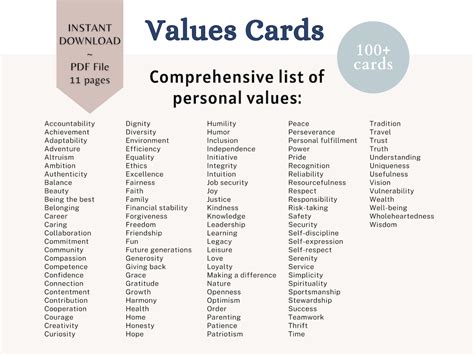 Personal Values Card Exercise For Values Exploration Cards Printable