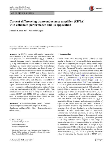 Pdf Current Differencing Transconductance Amplifier Cdta Based