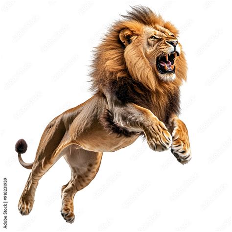 Majestic Lion Pouncing Fiercely In Sideview On Isolated White