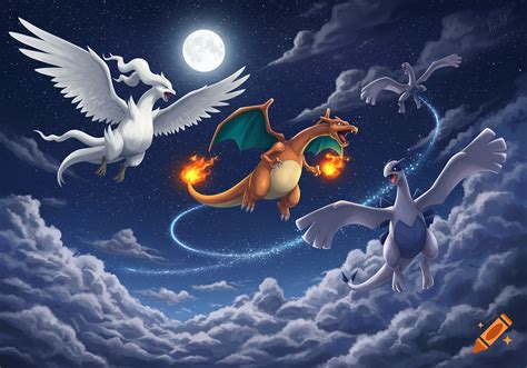 Reshiram Charizard And Lugia Fly Across A Starry Night Sky With A