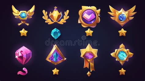Modern Set Of Game Level Icons Medals Stars UI Badges With Wings Laurel And Golden Crowns