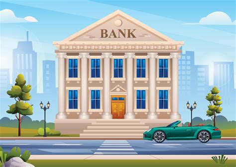 Bank Building With Car And City Landscape Background Vector Cartoon