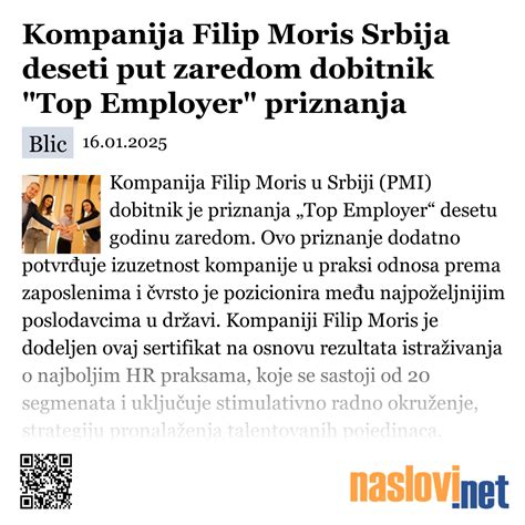 Kompanija Filip Moris Srbija Deseti Put Zaredom Dobitnik Top Employer