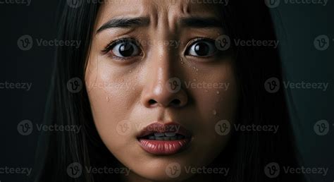 Close Up Of A Young Asian Womans Face Expressing Fear And Anxiety