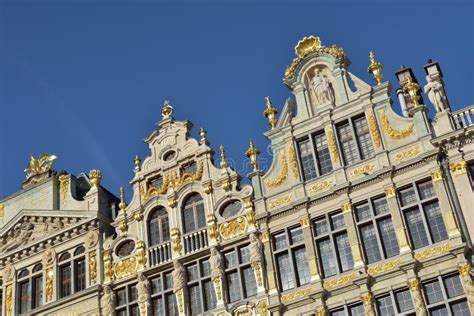 Restored Buildings Of Guild Houses On Grand Place In Brussels Stock