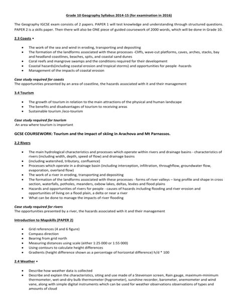 Grade 10 Geography Syllabus 2014 15 For Examination In 2016
