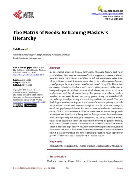 Bowen B 2021 The Matrix Of Needs Reframing Maslows Hierarchy Pdf
