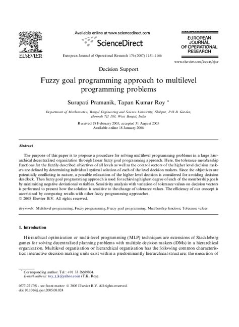 Pdf Fuzzy Goal Programming Approach To Multilevel Programming Problems