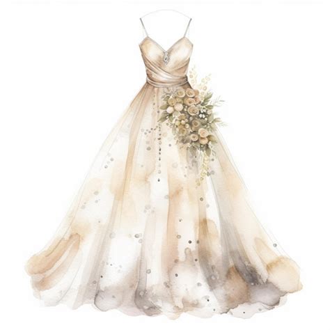 A Drawing Of A Wedding Dress With A Gold Glittery Top Premium Ai