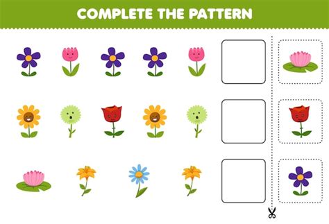 어린이를 위한 교육 게임은 귀여운 만화 꽃 워크시트에서 각 행의 패턴을 자르고 완성합니다 프리미엄 벡터