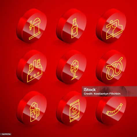 세트 라인 디스펜서 맥주 맥주병 양조 과정 병 팩 유리 프레첼 나무 머그잔 및 캔 아이콘 벡터 0명에 대한 스톡 벡터 아트 및