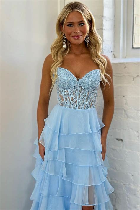 Light Blue Strapless High Low Prom Dress Blue Lace Layered Formal Eve