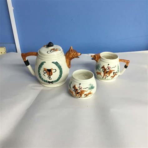 Reduced Ppc England Fox Hunt Teapot Milk Jug Sugar Bowl S