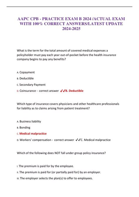 AAPC CPB PRACTICE EXAM B ACTUAL EXAM WITH CORRECT ANSWERS LATEST UPDATE AAPC CPB