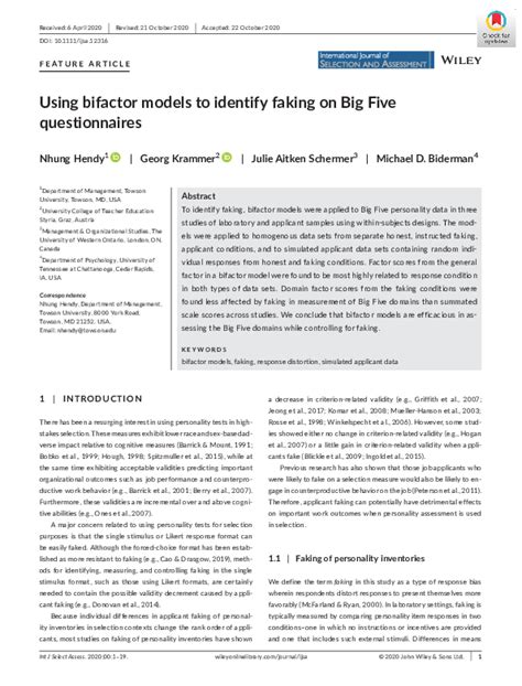 Pdf Using Bifactor Models To Identify Faking On Big Five Questionnaires Michael Biderman